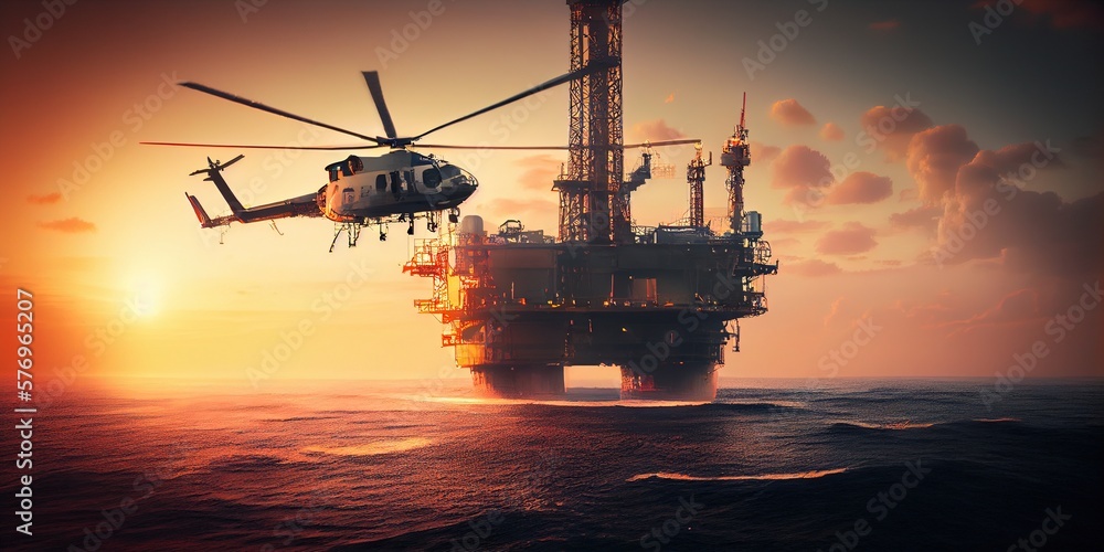 Oil rig in the open sea at sunset. A helicopter flying towards an ...