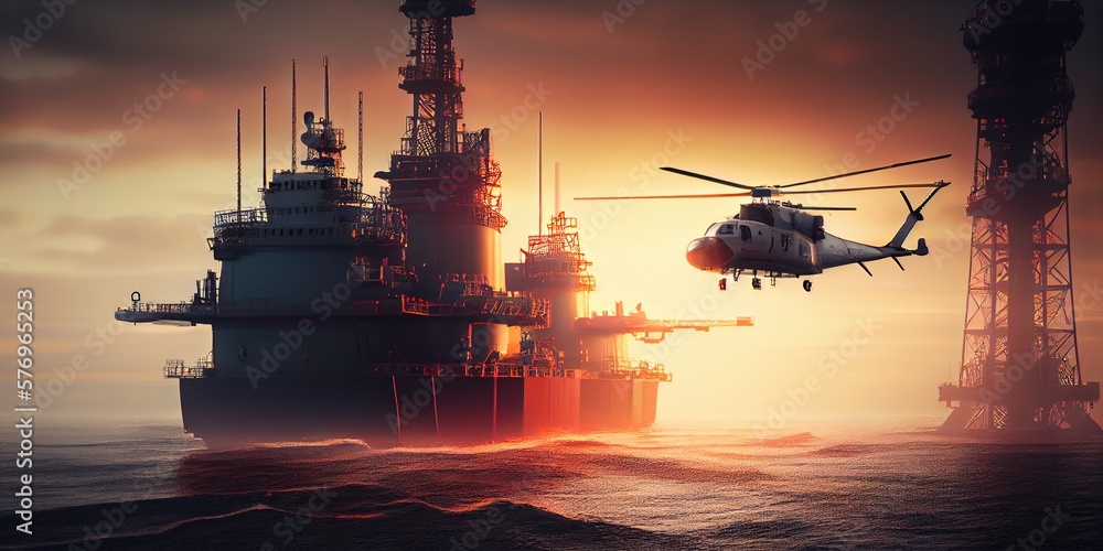 Oil rig in the open sea at sunset. A helicopter flying towards an ...