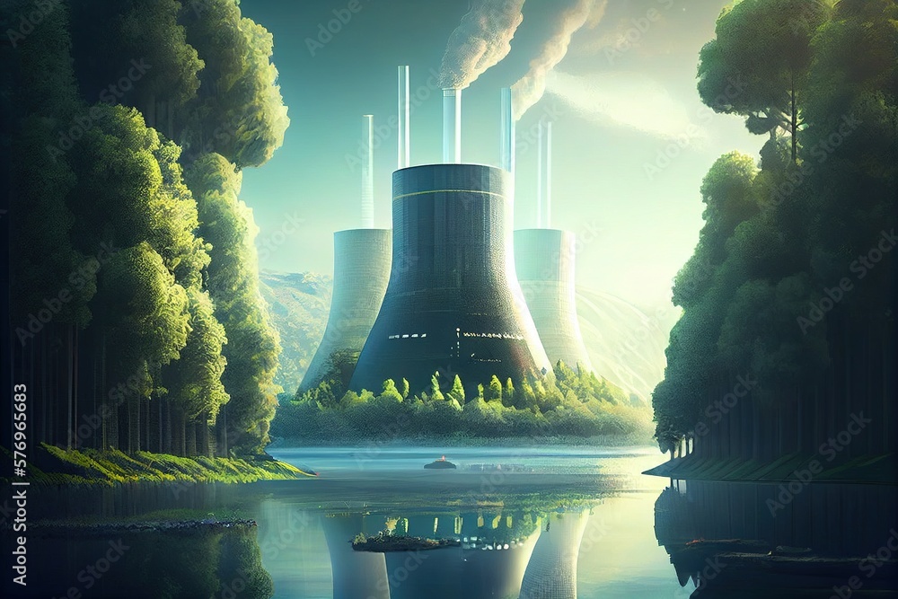 Nuclear power plant in the middle of a serene forest. Nuclear power for ...