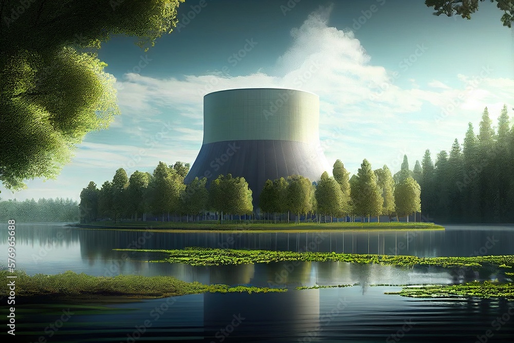 Nuclear power plant in the middle of a serene forest. Nuclear power for ...