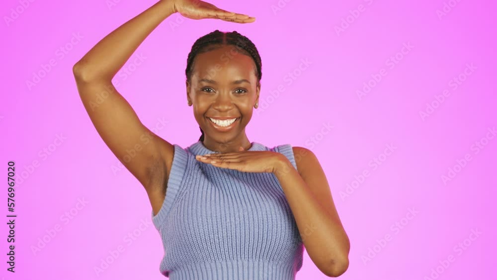 Frame, pose and hand with face of black woman for focus, photography ...