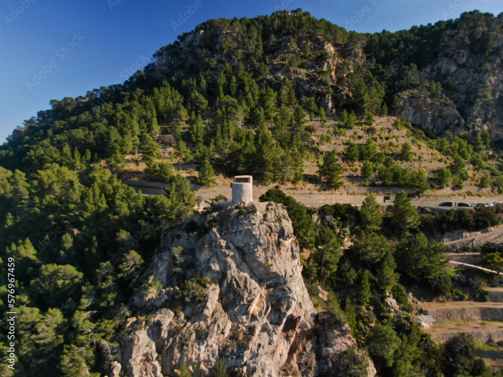 Majorca look out tower Torre des Verger in Banyalbufar town. Emblematic ...