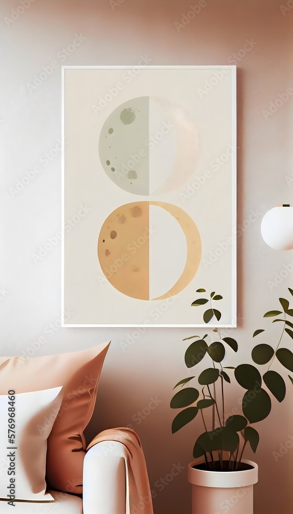 interior of a room with a sofa and art of moon phase, generative ai ...