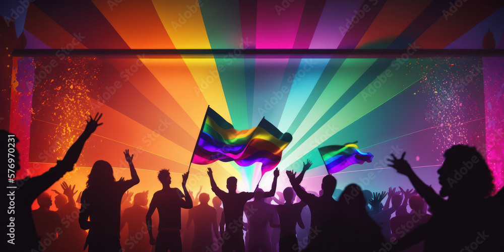 LGBTQ pride festival, people celebrating, rainbow colors flag and ...