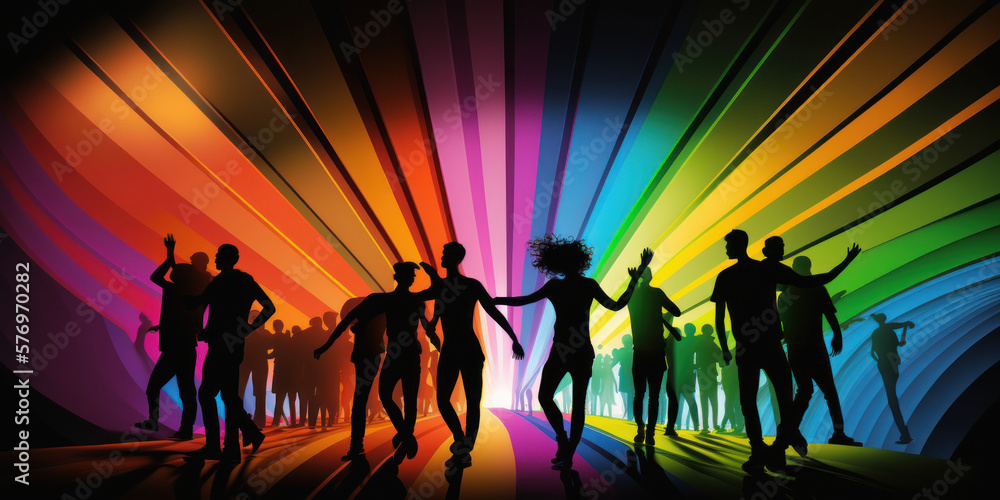 LGBTQ pride festival, people dancing and having fun, rainbow colors ...