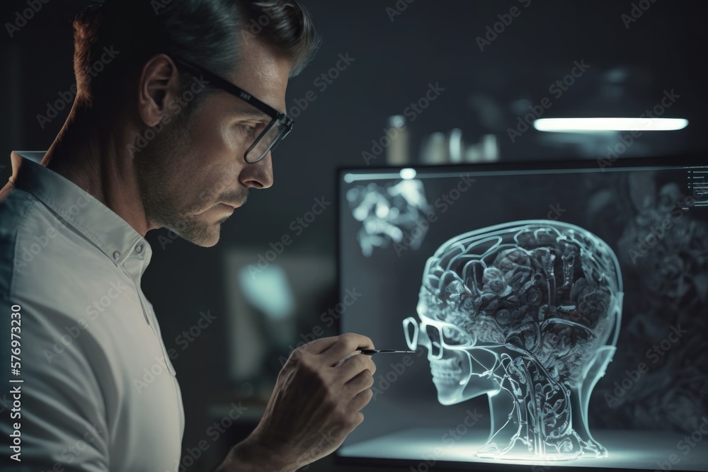 A man looking at a computer screen with a brain scan on it and a ...