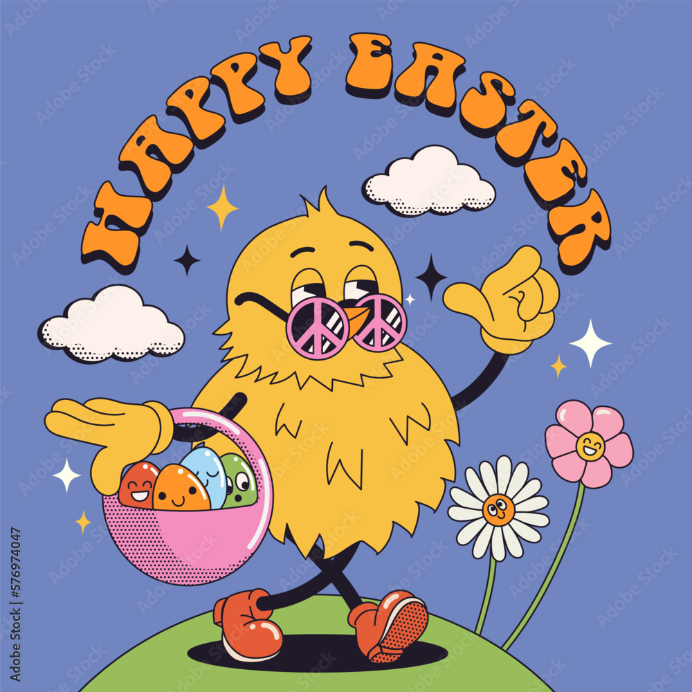 Groovy hippie Happy Easter card. Easter eggs, flower, chickens. Poster ...