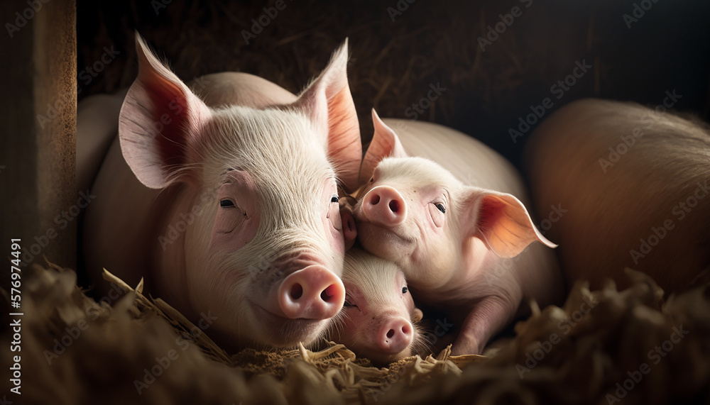 Pig farm with a focus on the mother pigs and their piglets, showcasing ...