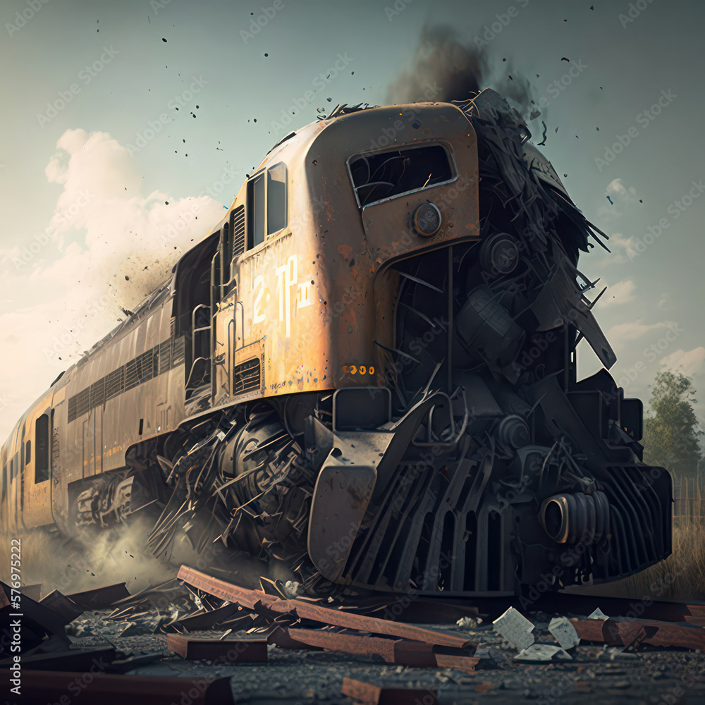 Broken train locomotive after a railway accident . generative AI Stock ...
