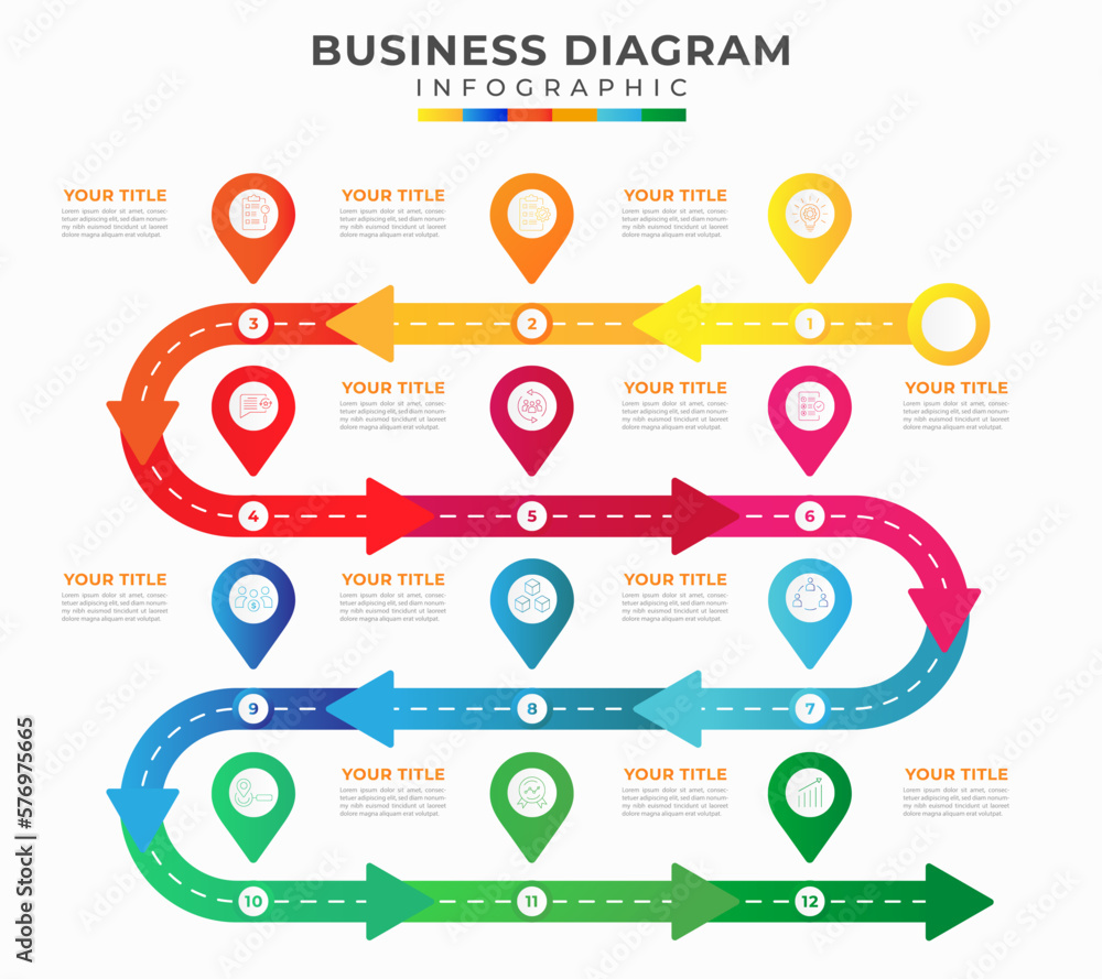 12 Month calendar diagram modern Timeline with arrows and symbol icon ...