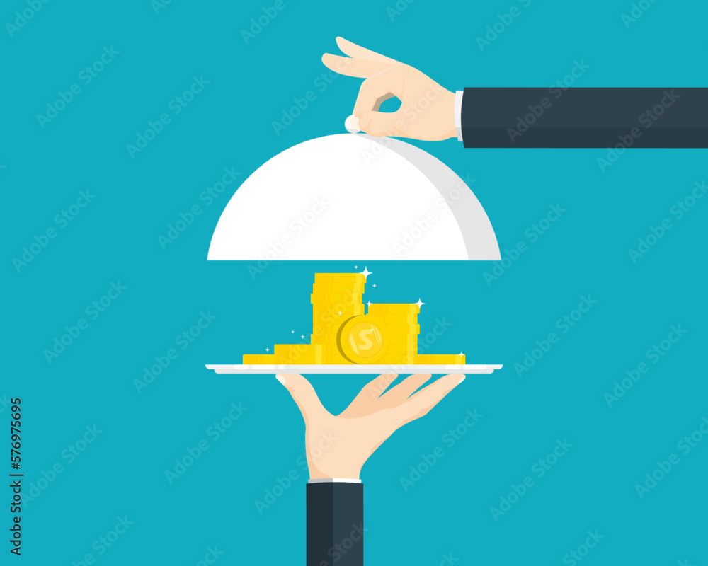 Money income concept, Business human hand hold cloche tray with gold ...