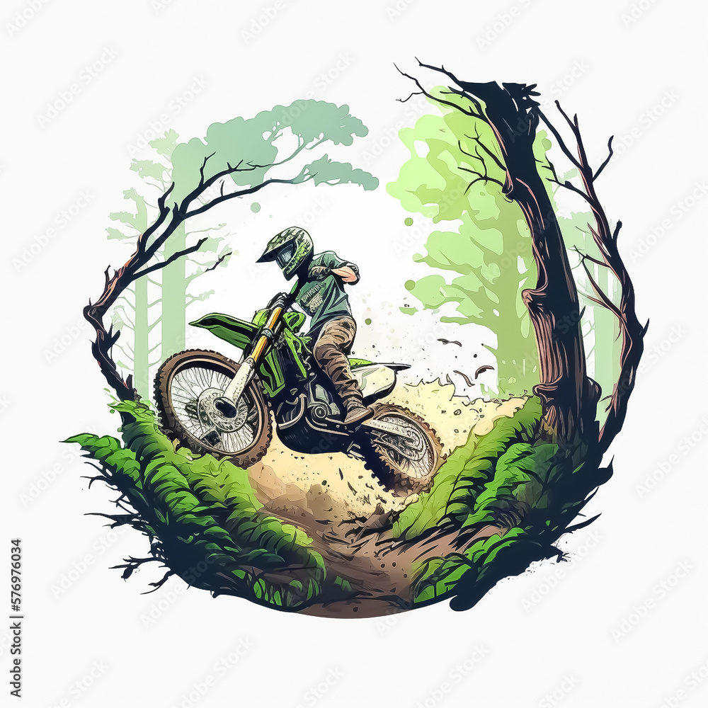 a person riding motorcycle Motocross Dirt Bike in the forest cartoon ...
