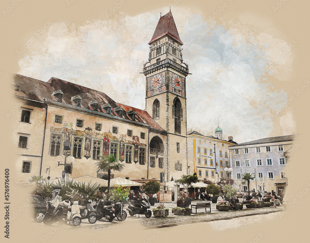 Altes Rathaus, Old Town Hall in Passau, Bavaria, Germany. Sketch ...