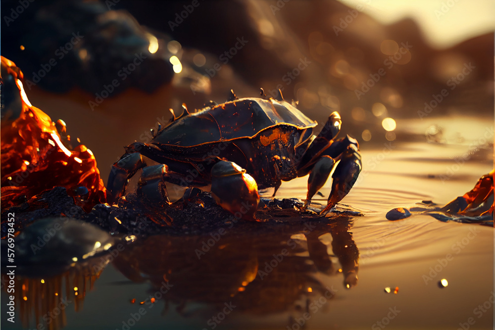 Water pollution with shell and sea crab dead on the beach sand ...