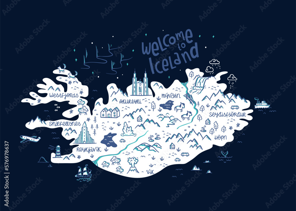 Vetor de Hand drawn map of Iceland. Travel illustration with icelandic ...