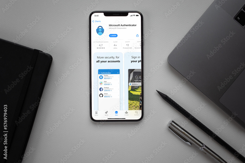 Mobile phone with Microsoft Authenticator App Store screen Stock Photo ...