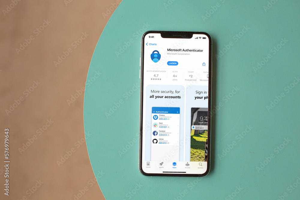 Mobile phone with Microsoft Authenticator App Store screen Stock Photo ...