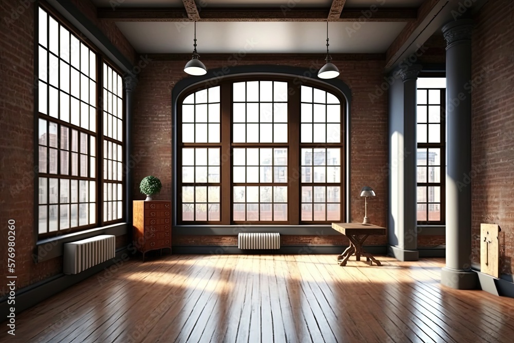 Loft style, empty room with a huge window. Stylish brick and wood ...
