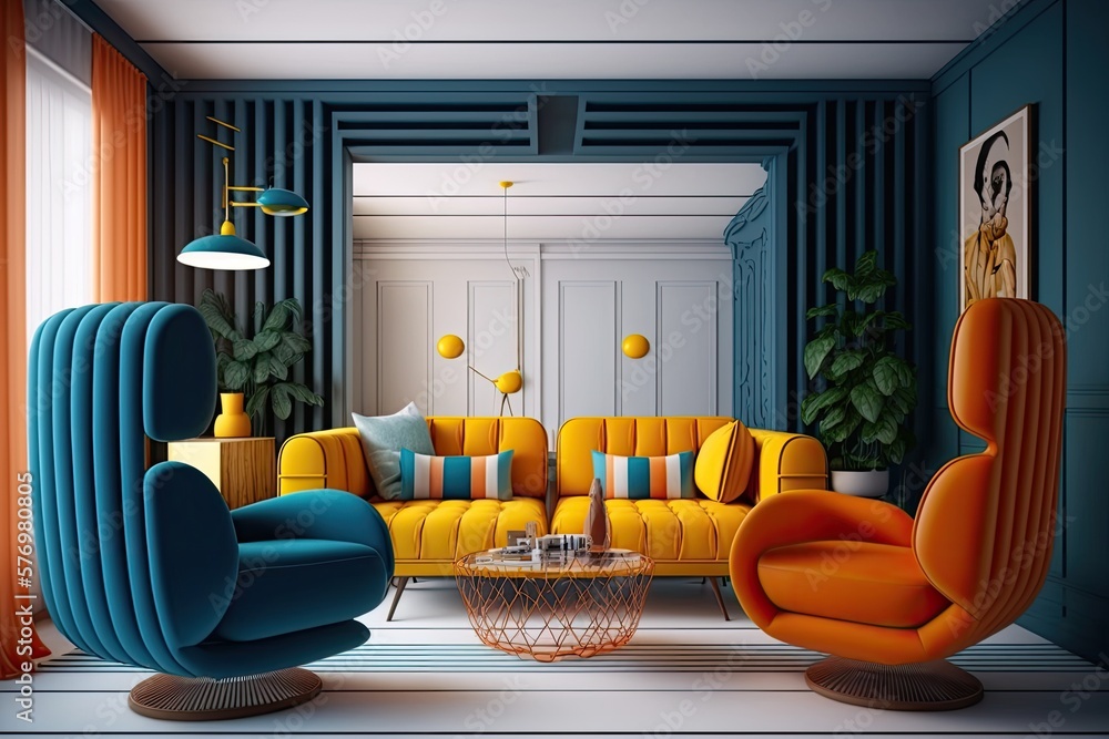 Interior decoration concept from the 1980s. The stylish living room ...