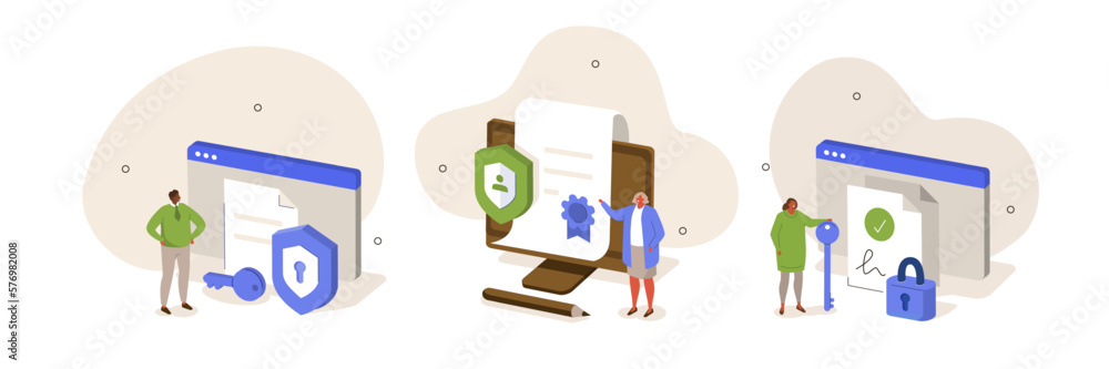 Cybersecurity set. Characters protect cloud shared documents by using ...