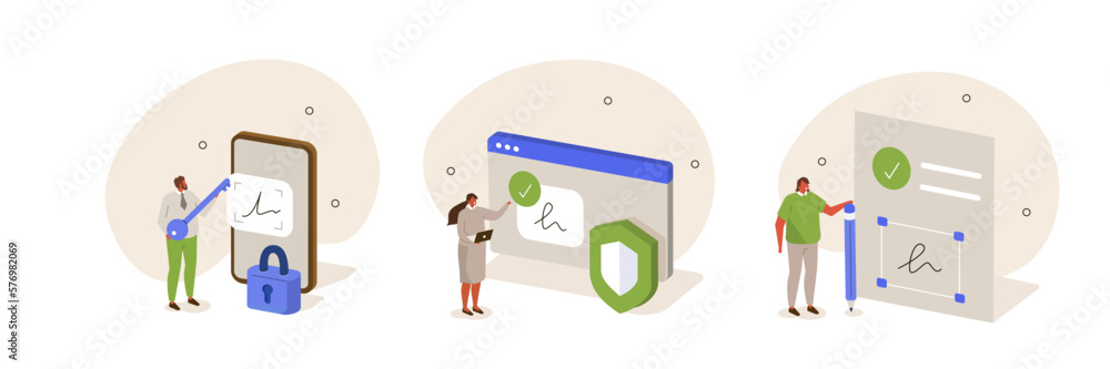 Cybersecurity set. Characters using secure electronic signature to ...
