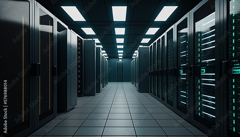 A high-tech data center with rows and rows of server racks, each with blinking lights and a hum ...