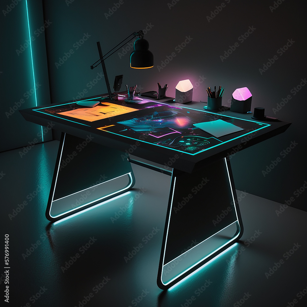 Futuristic office table, A minimalist and abstract work table in a dark ...