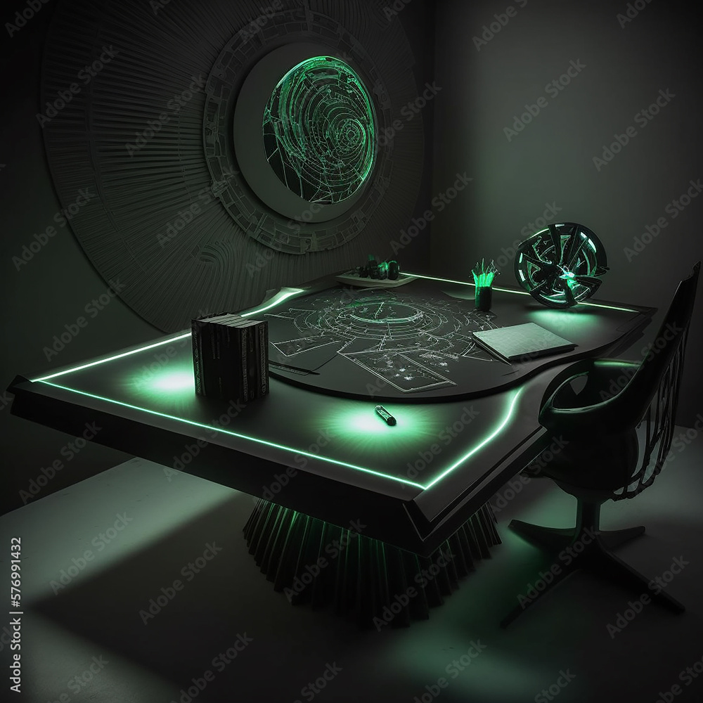 Futuristic office table, A minimalist and abstract work table in a dark ...