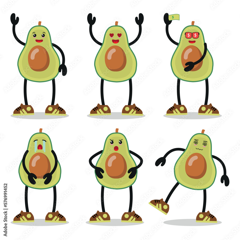 Cute avocado character different pose activity. Fruit different face ...