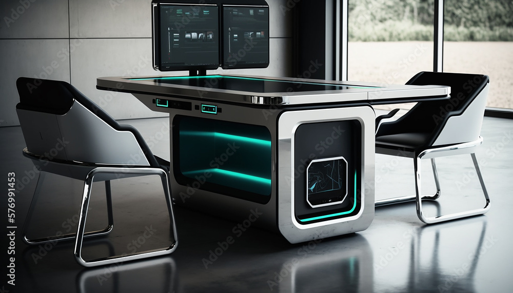 Futuristic office table, A sleek and minimalistic work table in a ...