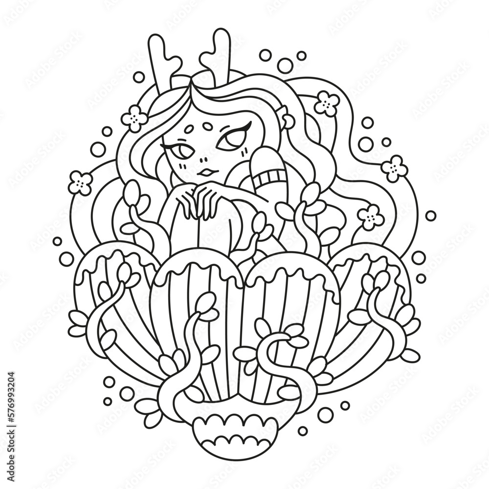 Little shy dryad sitting inside flower. Cute woodland fairy tale girl ...