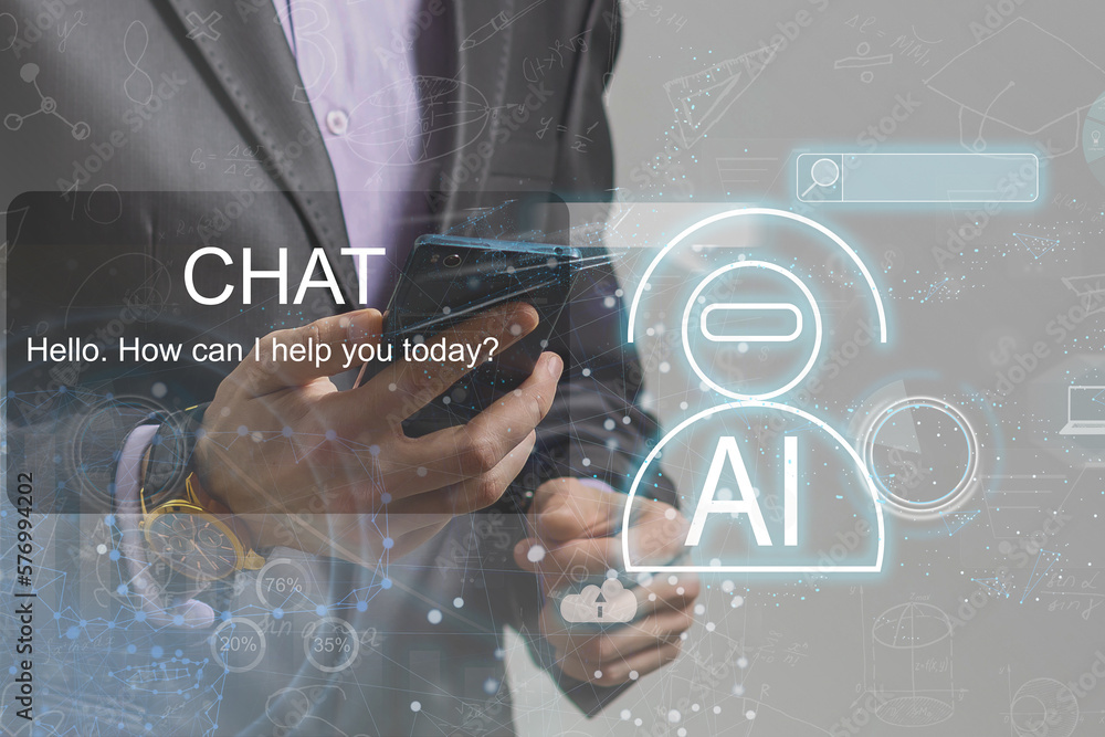 ChatGPT Chat with AI or Artificial Intelligence. Young businessman chatting with a smart AI or ...
