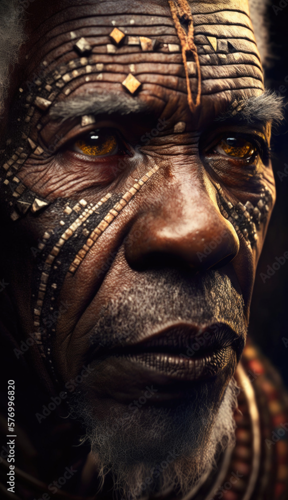 Revered Tribal Tradition. African tribal elder's face adorned with ...