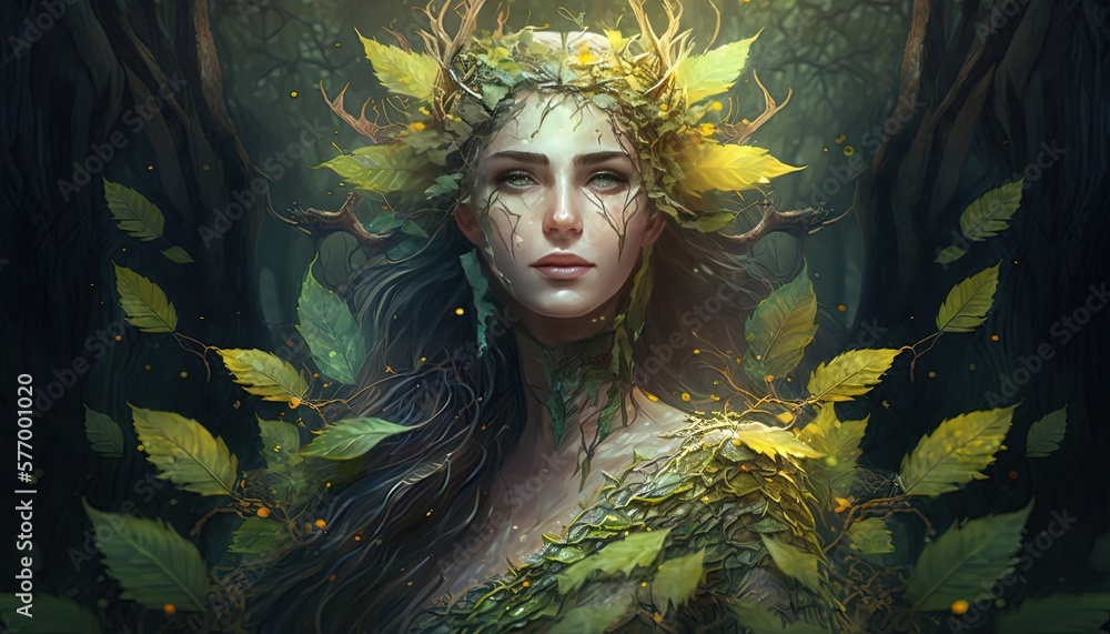 illustration of an ancient forest goddess with leaves and vine as her ...