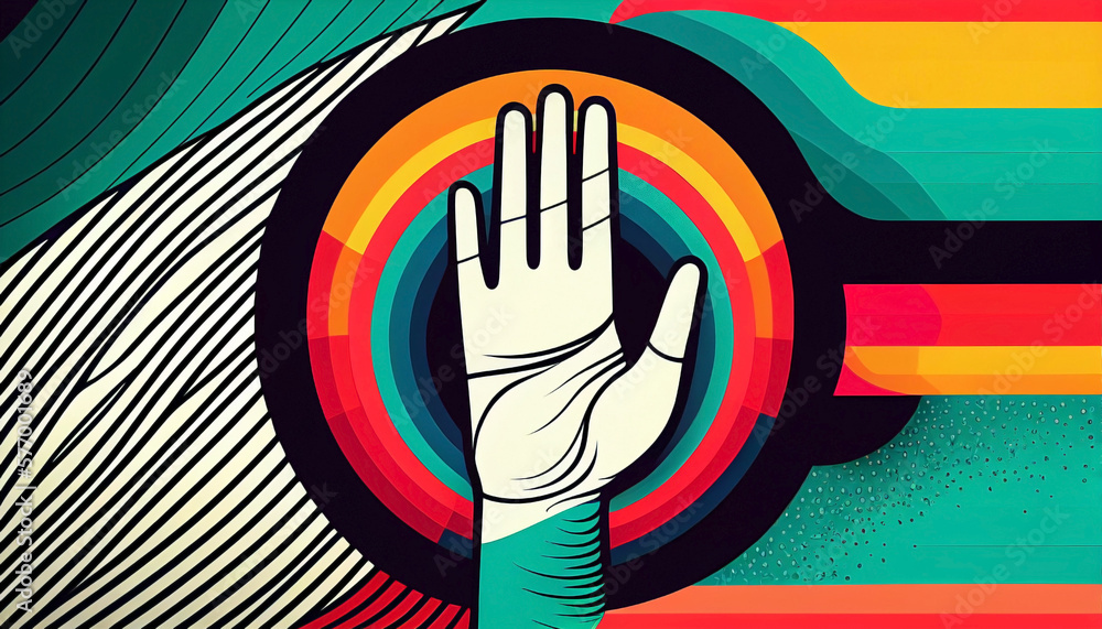 Ai generated. An isolated hand showing the open palm on a colorful ...