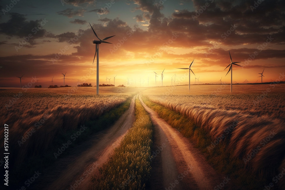 Wind Turbines on a field at sunset. Renewable Energy production using ...