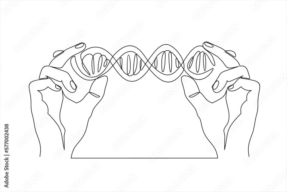 One continuous line drawing of hands holding DNA. vector illustration ...