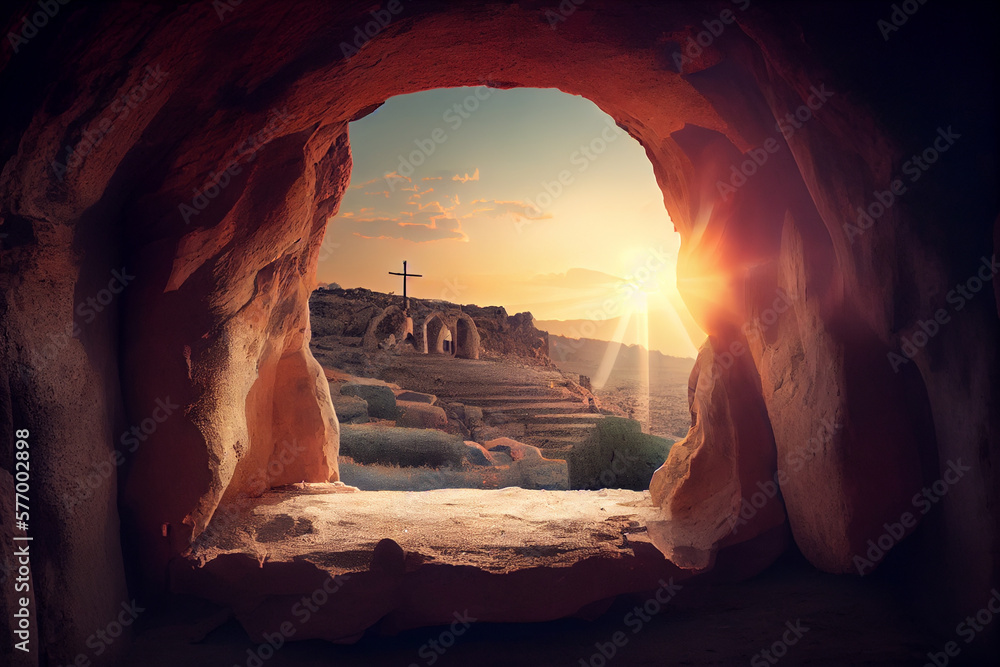 Easter or Resurrection concept, empty tomb of Jesus with crosses in the ...