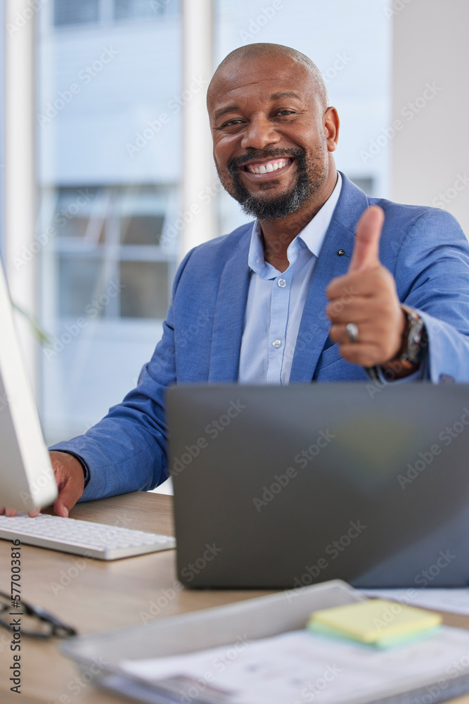 Happy black man, laptop and thumbs up for winning, good job or success ...