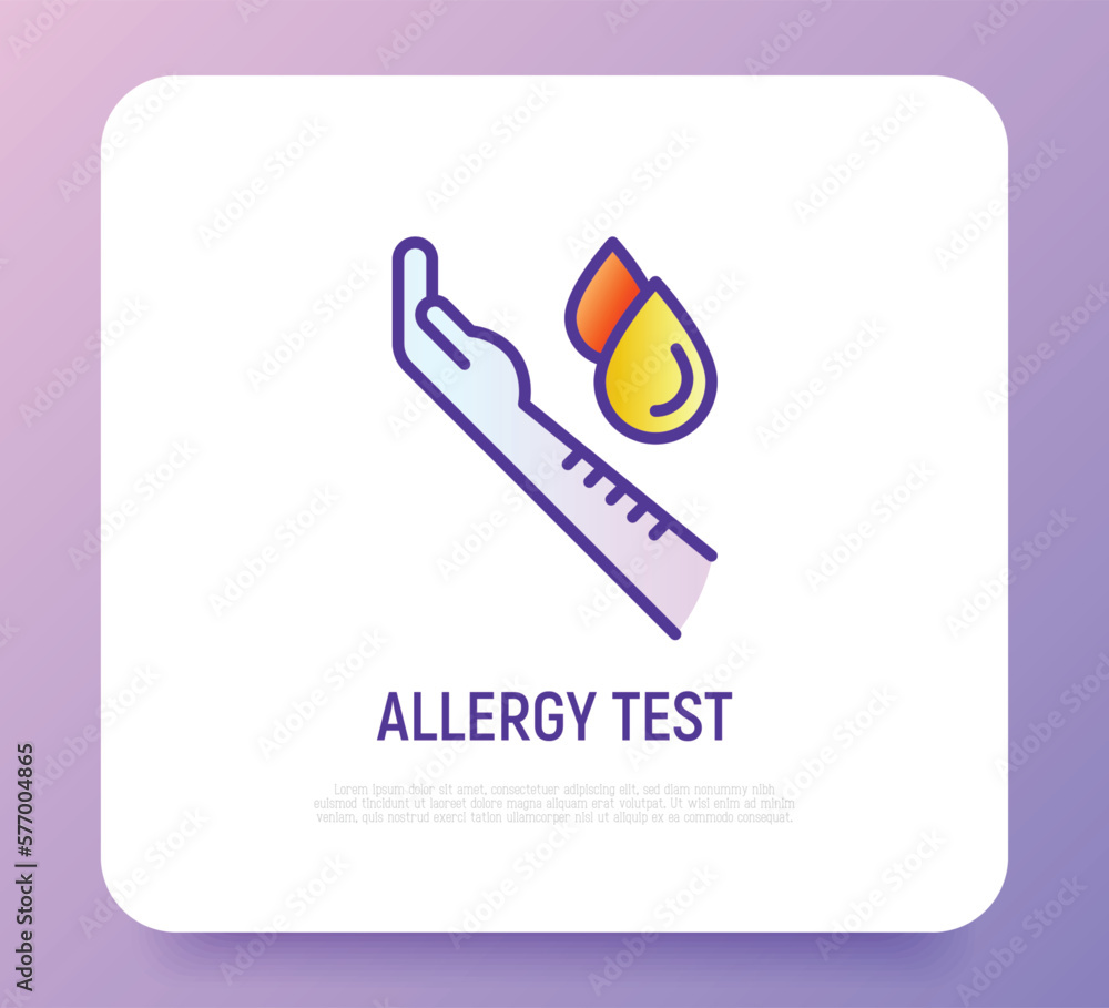 Allergy test thin line icon: dripping allergens on forearm. Skin prick ...