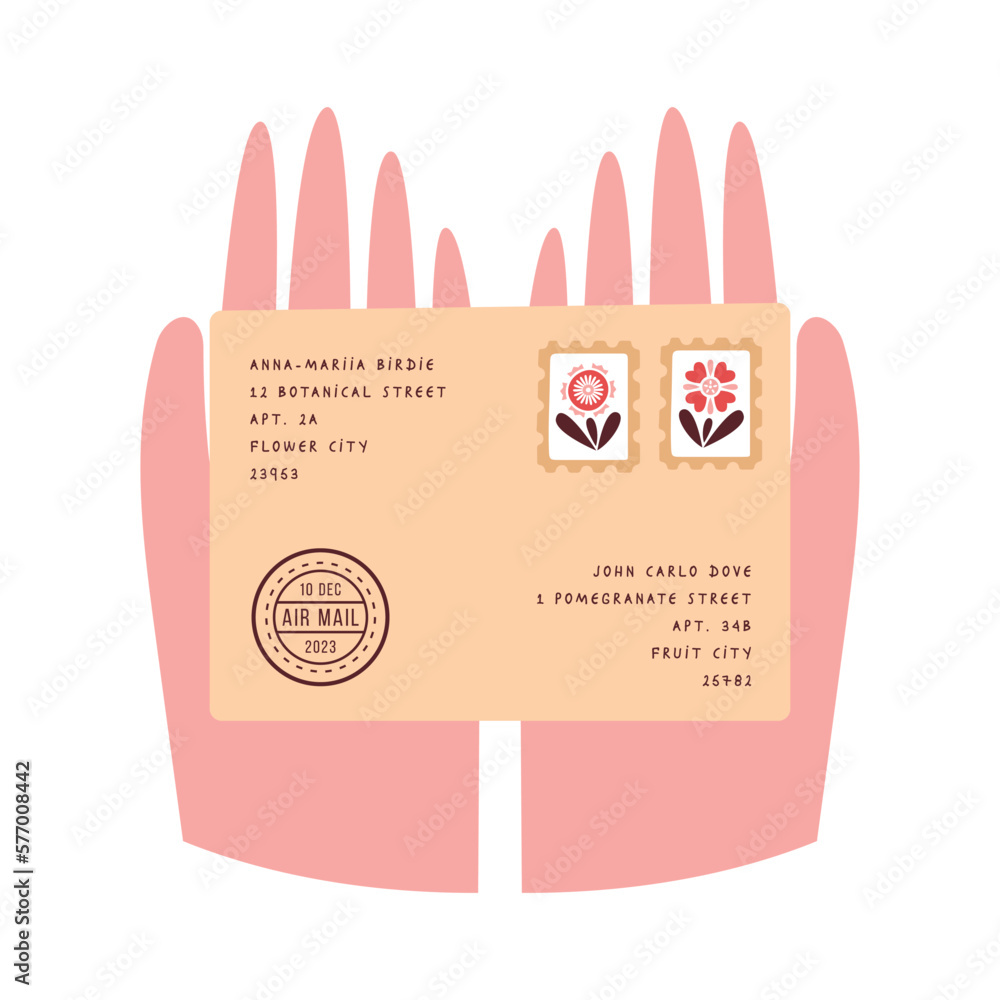 Hands holding paper envelope with letter. Modern vector clip art with ...