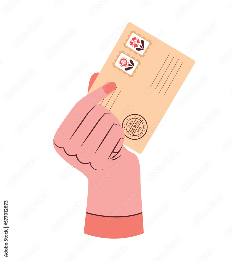 Hand holding paper envelope with letter. Modern vector clip art with ...