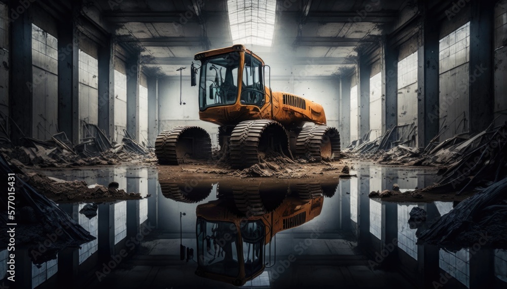 A large bulldozer is in a building with a reflection in the water on ...
