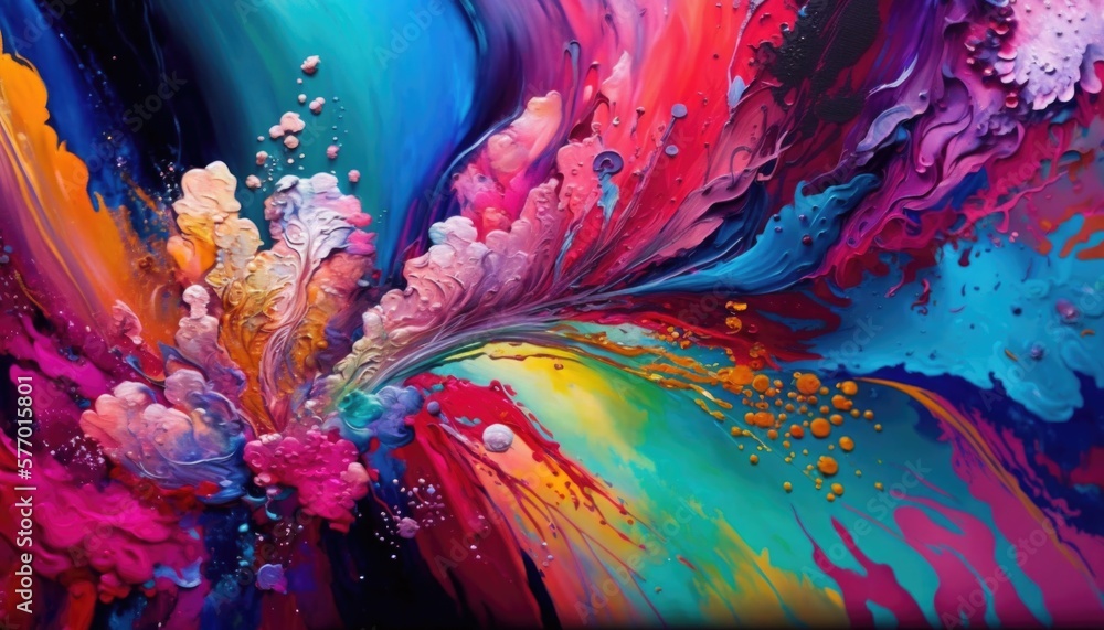 A painting of colorful paint on a black background with a white border ...