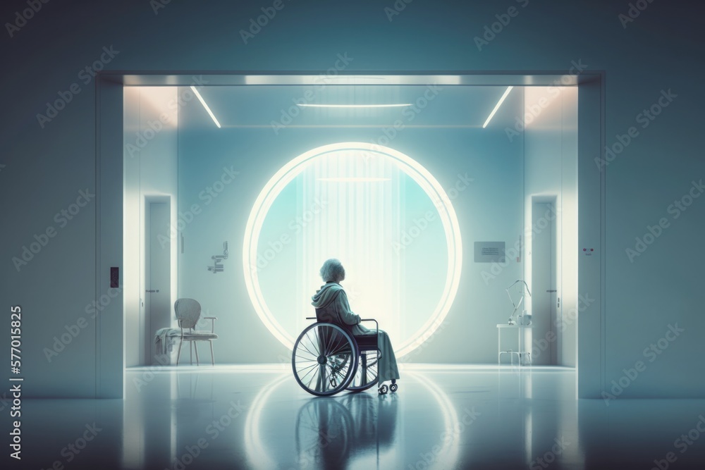 A person in a wheel chair in a room with a circular doorway and a light ...