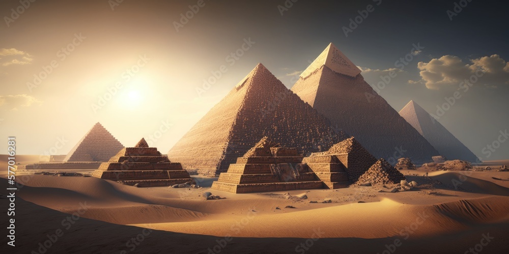 A group of pyramids in the desert with the sun shining behind them and ...