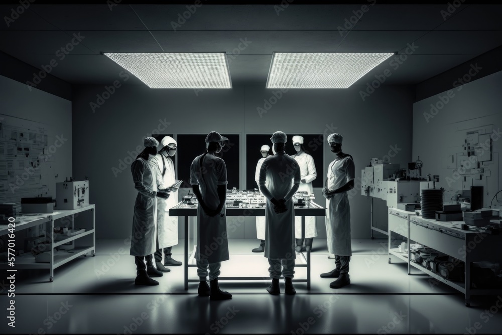 A group of people standing around a table in a room with lights on it ...