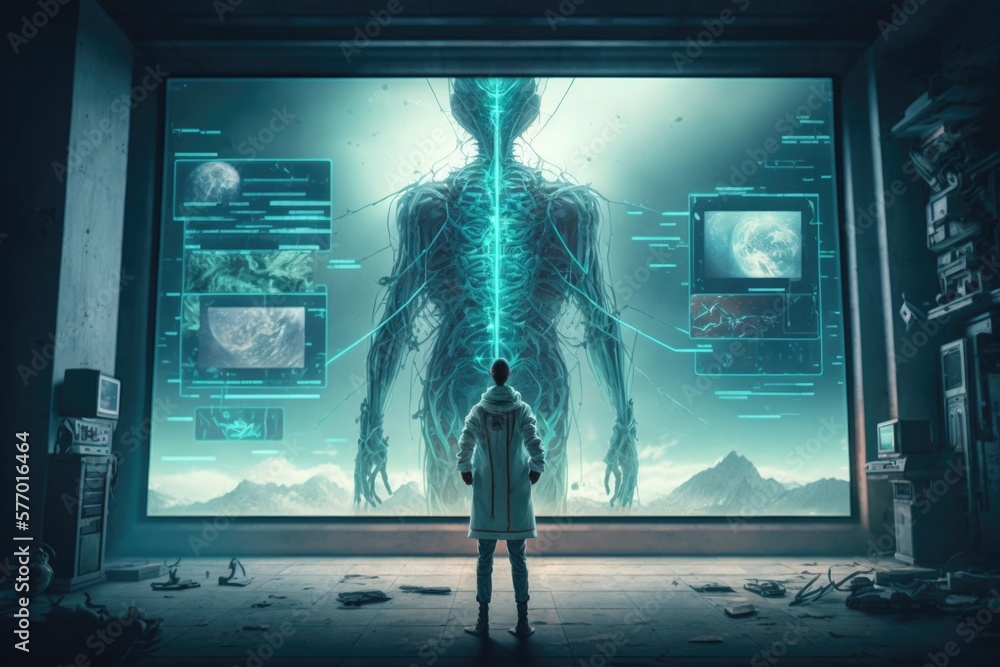 A man standing in front of a large screen with a giant human figure in ...