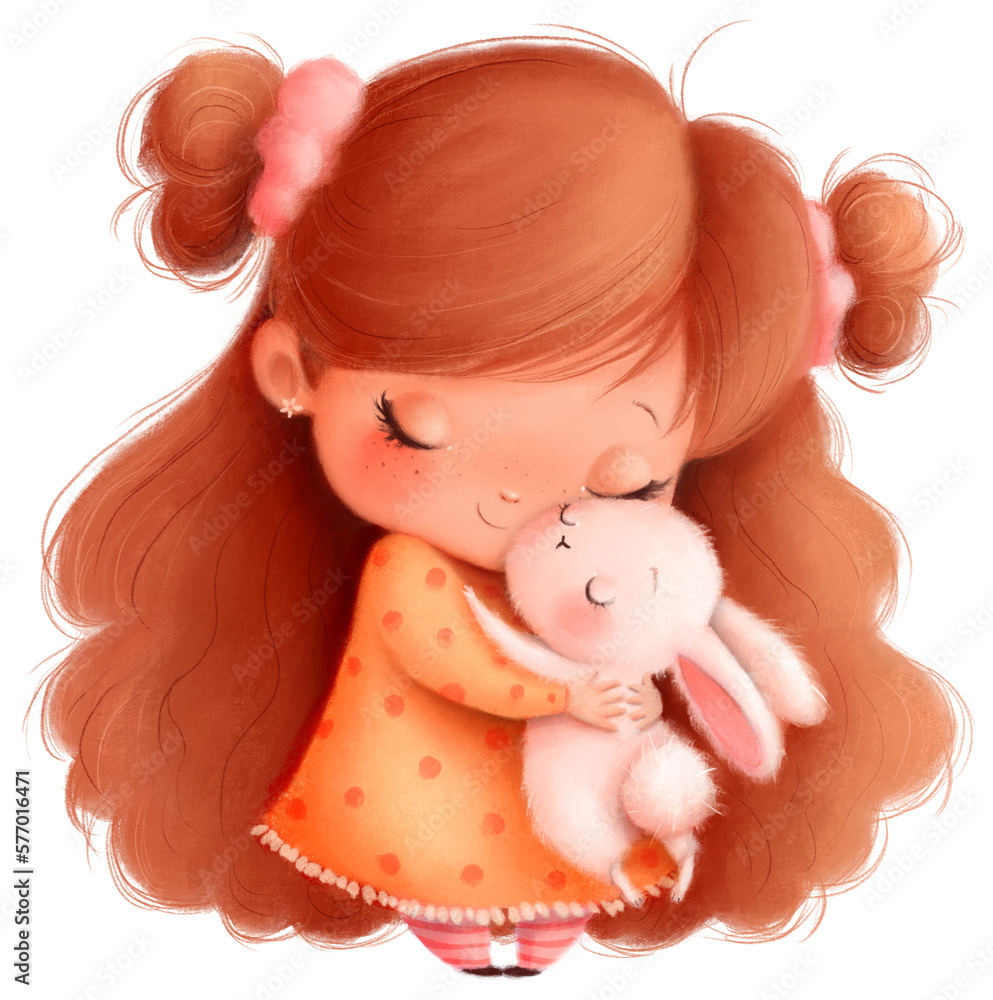 Illustration of a cute cartoon girl hug a bunny. Pet clipart. Friends ...