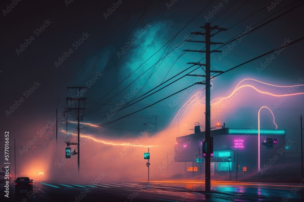 A street with a building and a traffic light at night time with a lot ...